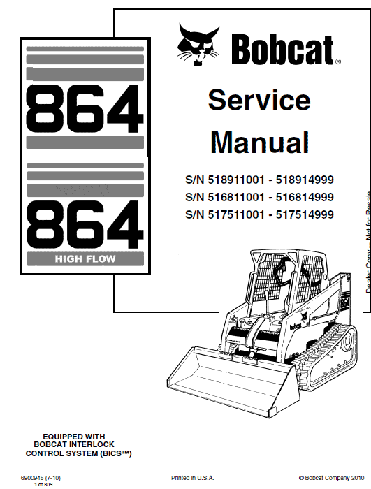 Bobcat 864 and 864H Skid-Steer Loader Service Manual Workshop Guide ...